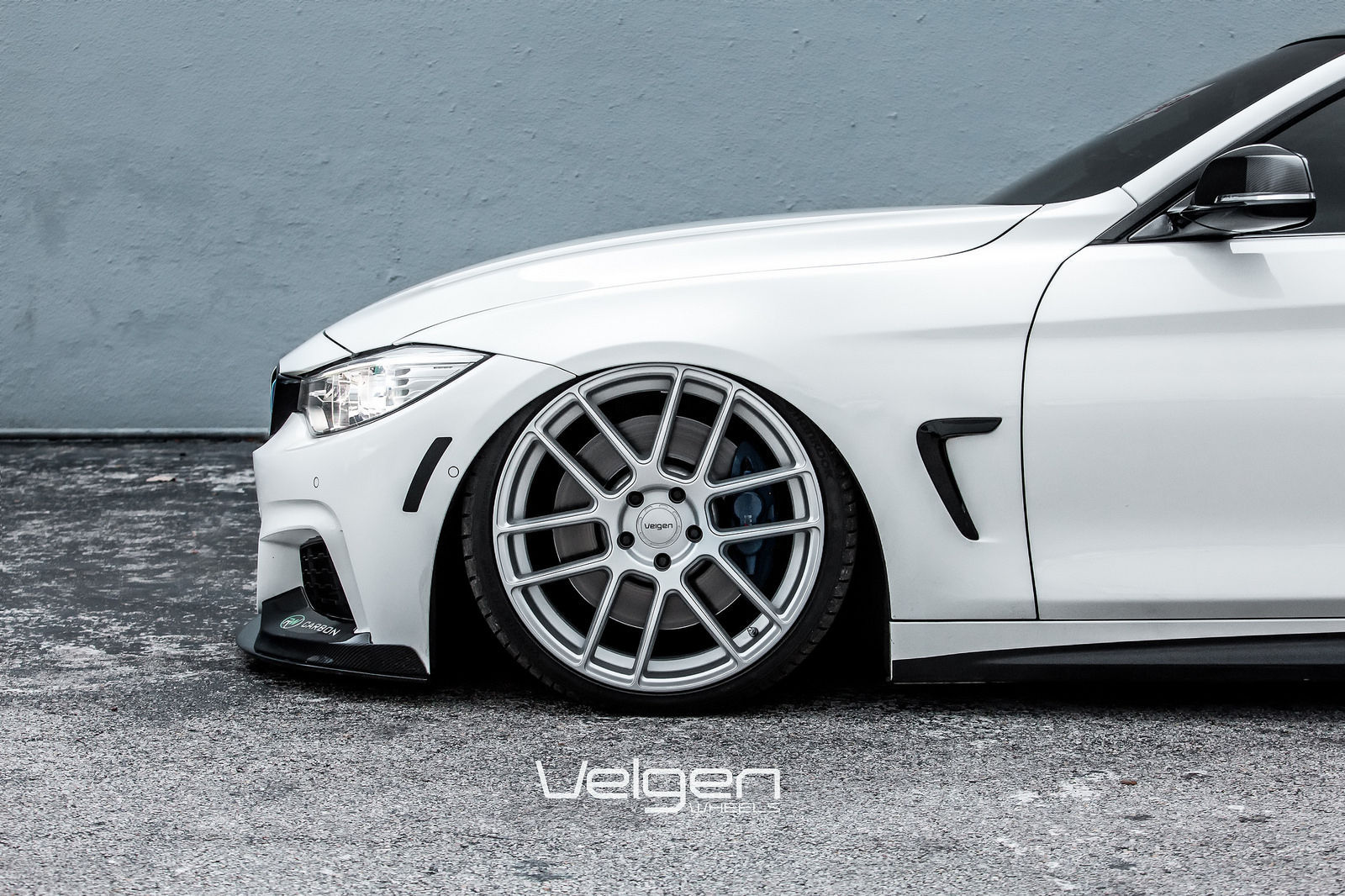 Bagged BMW F32 435i on Velgen Wheels VMB6 Matte Silver